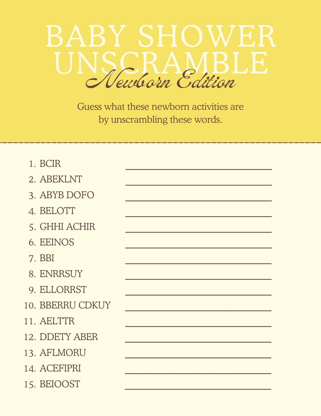 Baby Shower Game, Word Scramble, Digital Print + Answer Key, Yellow - Etsy