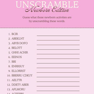 Baby Shower Game, Word Scramble, Digital Print + Answer Key, Pink - Etsy