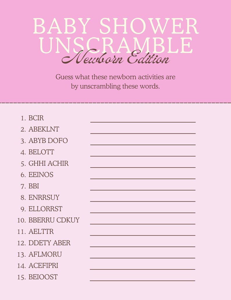 Baby Shower Game, Word Scramble, Digital Print + Answer Key, Pink - Etsy