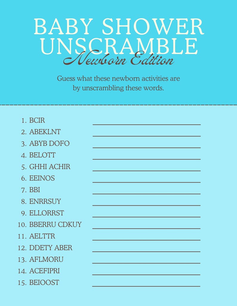 Baby Shower Game, Word Scramble, Digital Print + Answer Key, Blue - Etsy