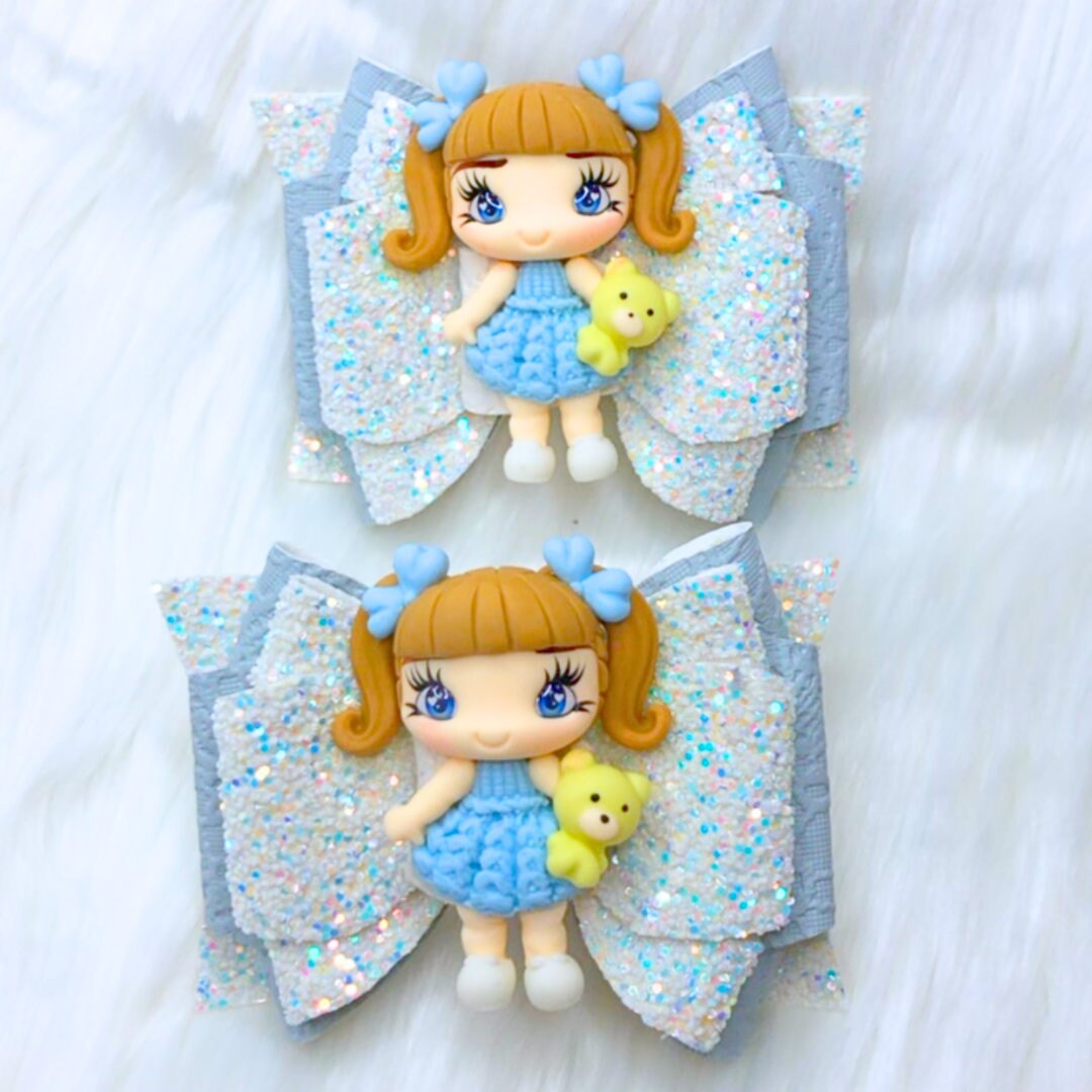 Blue Glitter Hair Bows: Handmade Clay Doll Pigtail Clips (set of Two ...