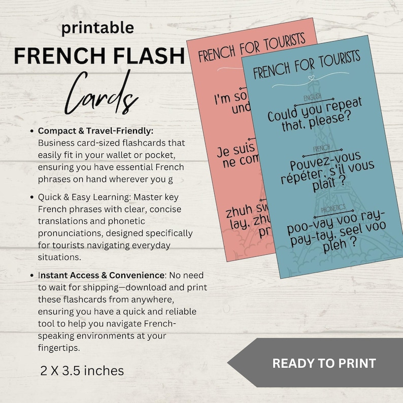 French Language Flash Cards - Downloadable - Printable - Business Card ...
