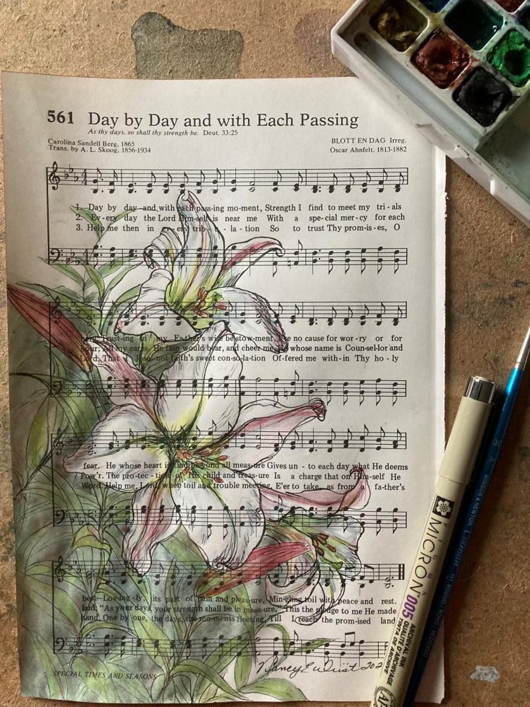 Painted Hymn Music, White and Pink Lillies, “day by Day” Art ...