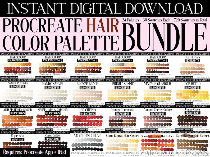 BIG BUNDLE 24 Procreate Hair Color Palette Collection Pack Set: Natural ...
