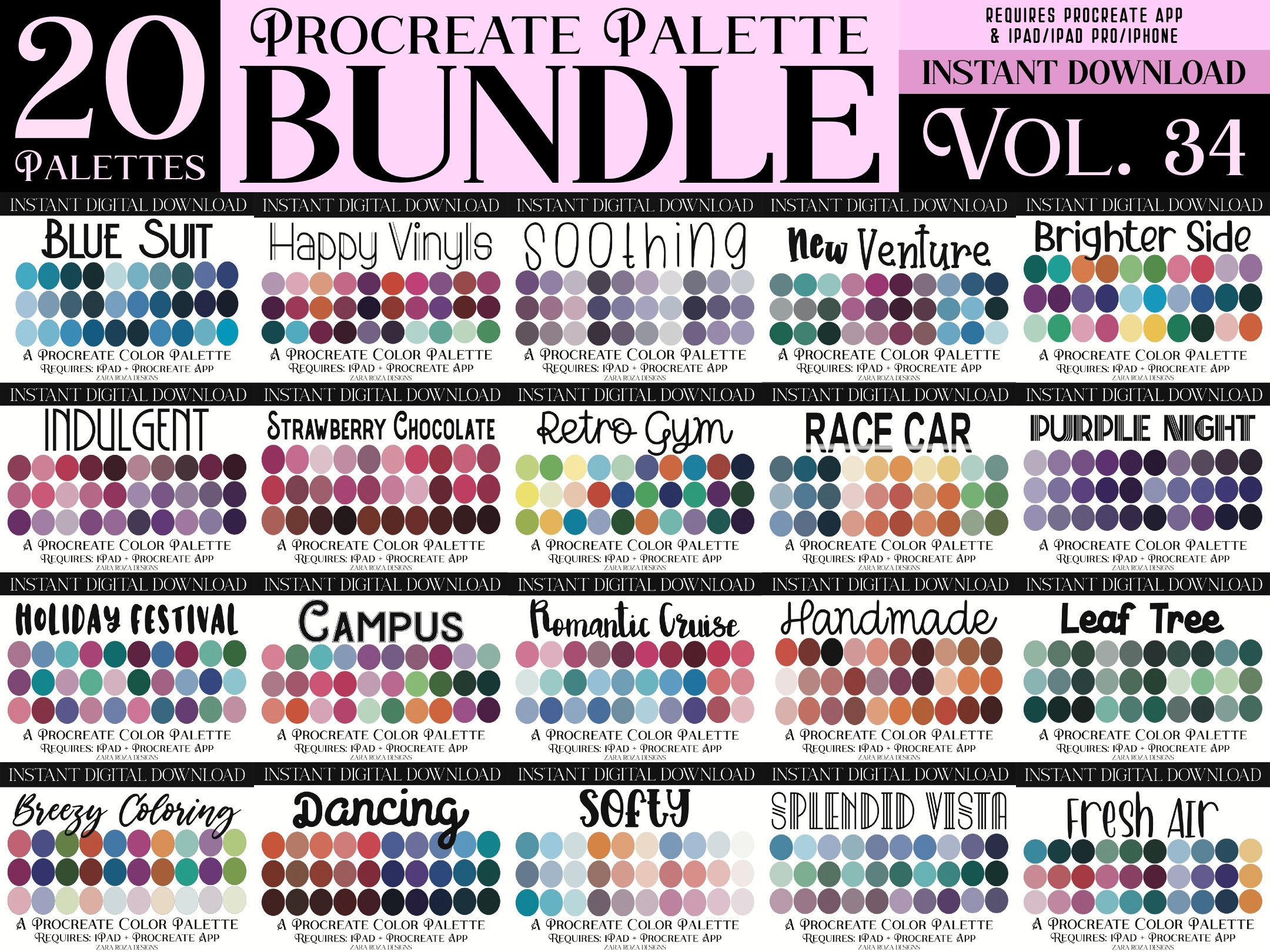 20 Procreate Color Palette Bundle Pack VOL. 34 Set Goth Retro Vintage Boho Yellow Orange Red ...