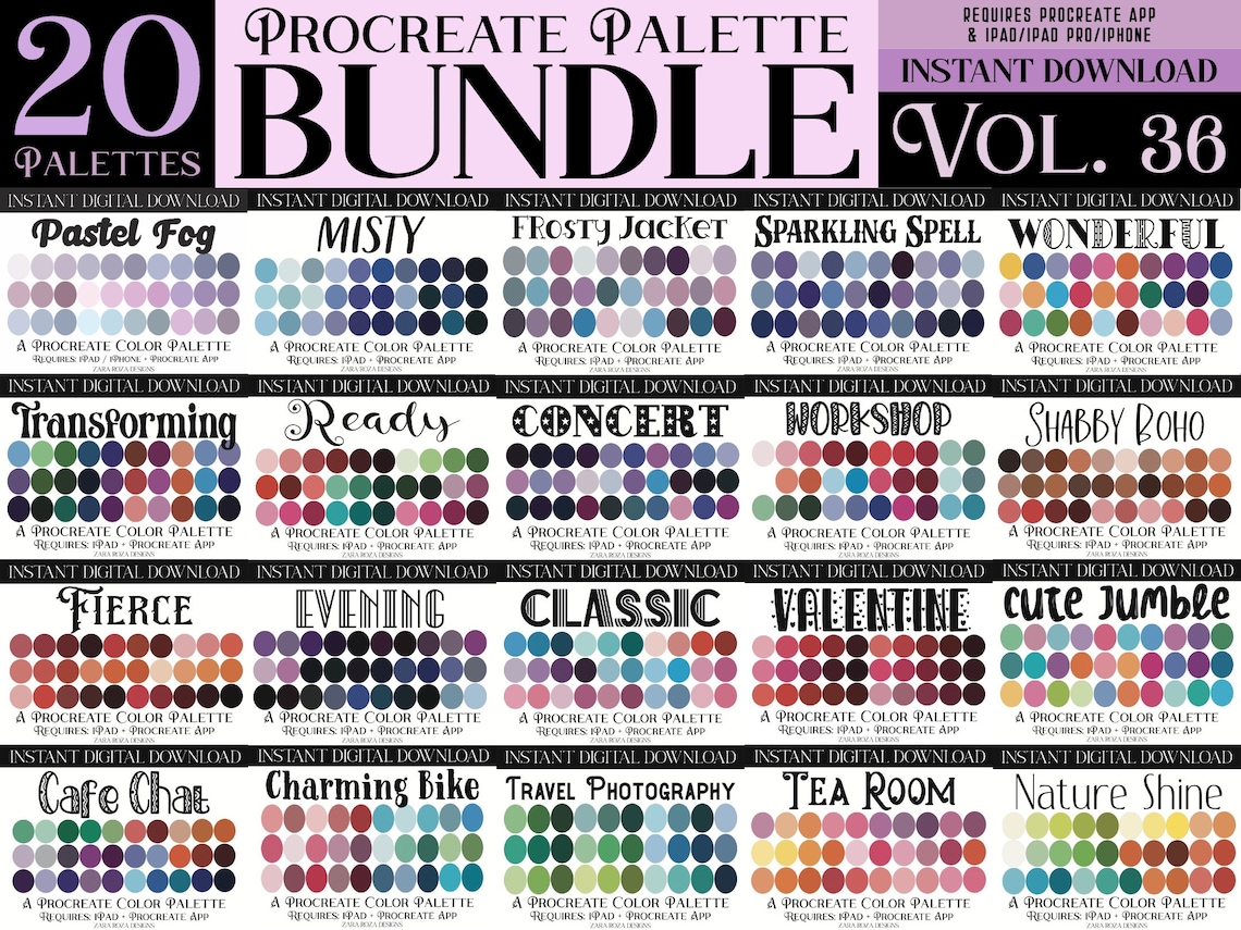 20 Procreate Color Palette Bundle Pack VOL. 36 Set Goth Retro Vintage ...