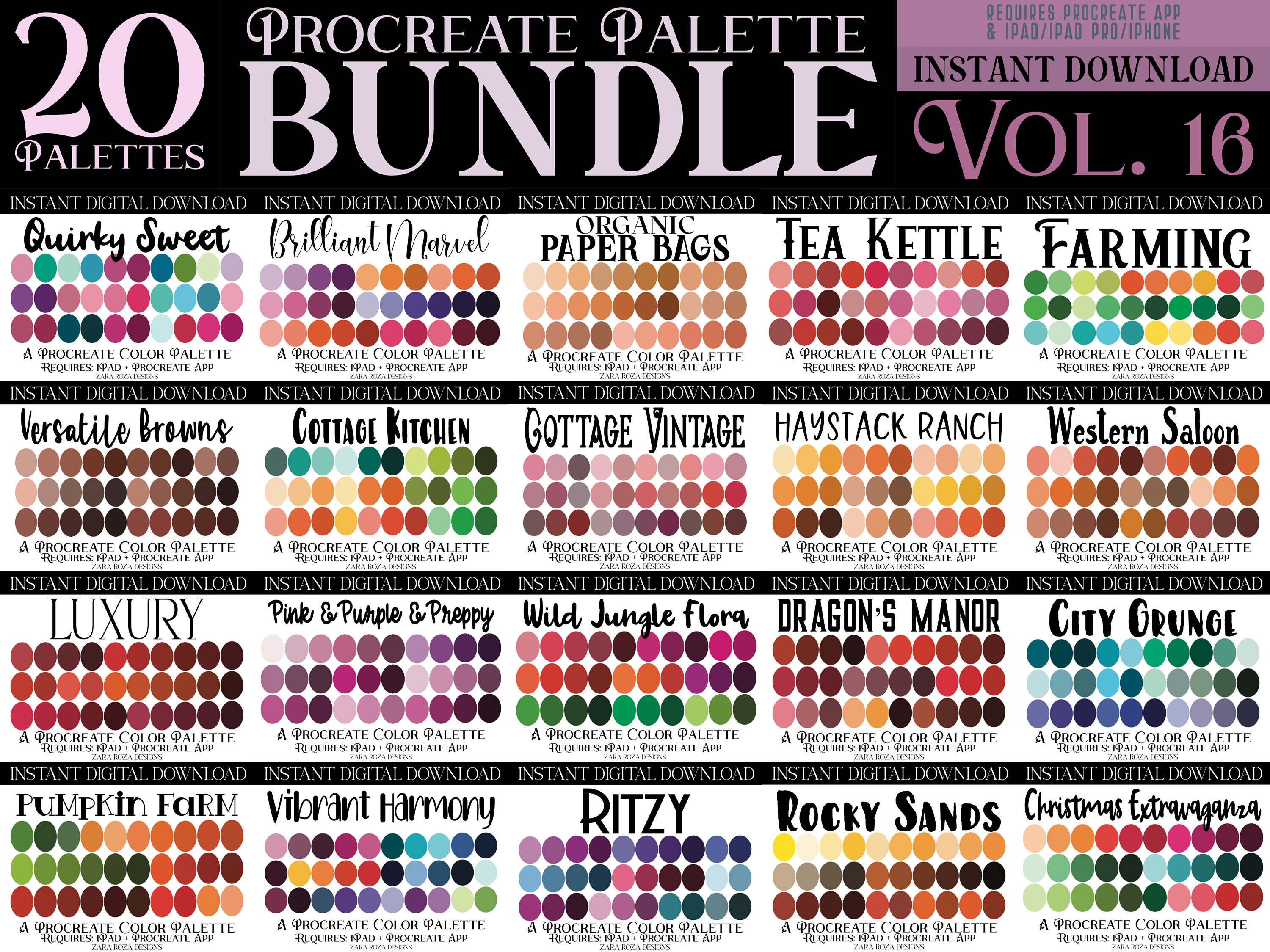 20 Procreate Color Palette Bundle Pack Vol 16 Set Goth Retro Vintage Boho Yellow Orange Red