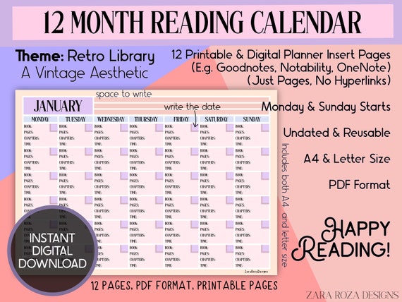 Printable Reading Tracker Calendar / Book Log Planner 12 | Etsy