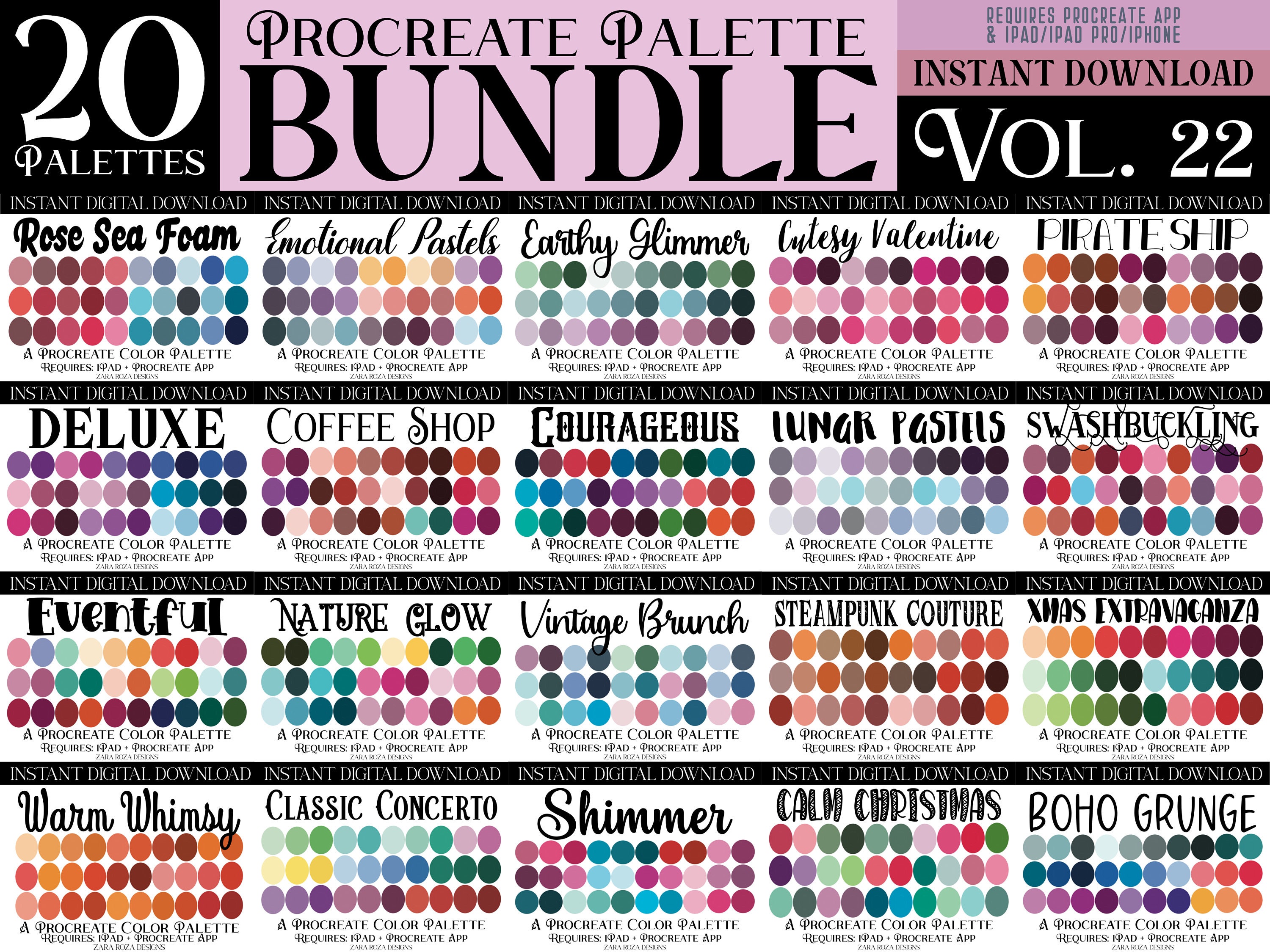 20 Procreate Color Palette Bundle Pack - VOL. 22 Set - Goth Halloween Night Magic Vintage Yellow ...