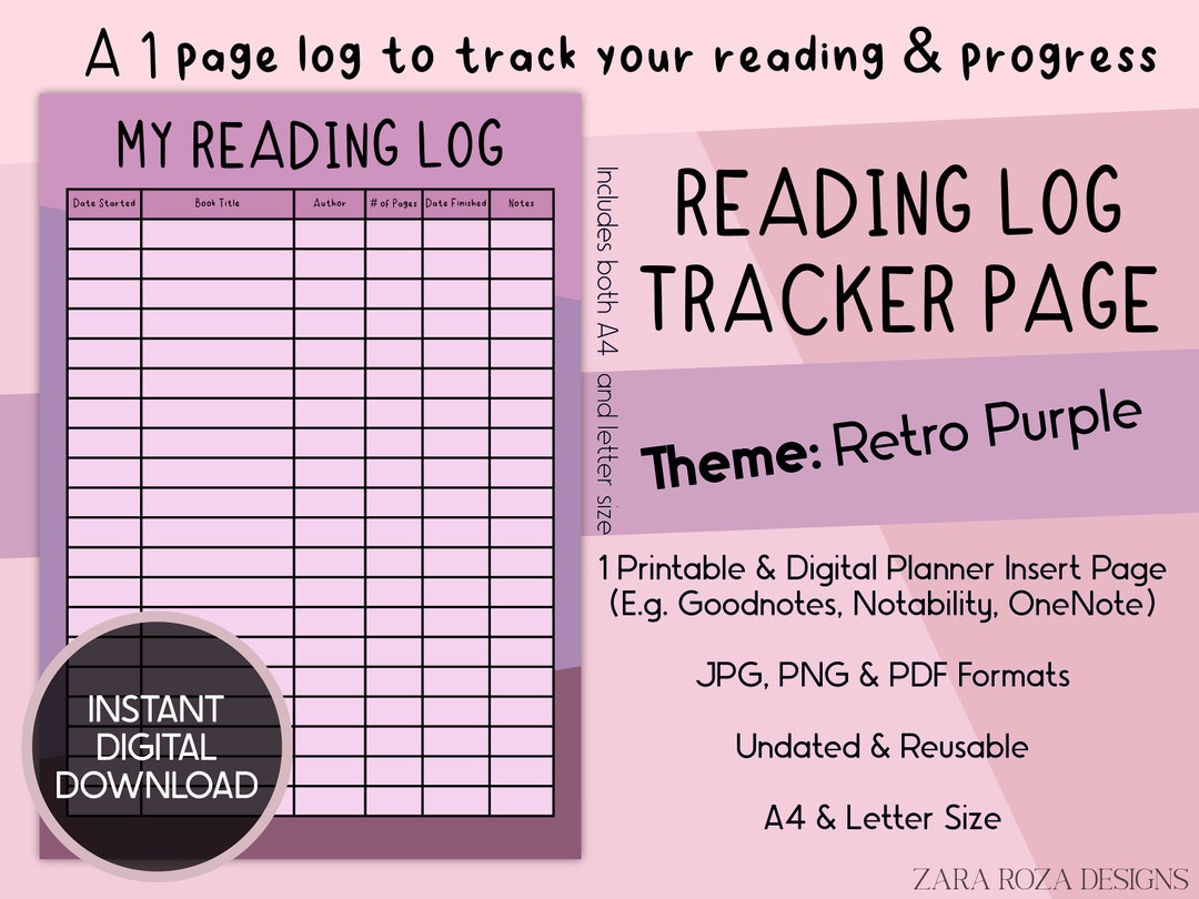 Printable Reading Log - Retro Purple Aesthetic Pastel Pink Green Book ...