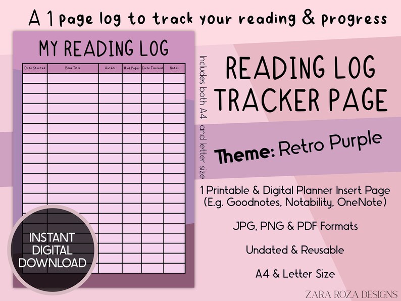 Printable Reading Log - Retro Purple Aesthetic Pastel Pink Green Book ...