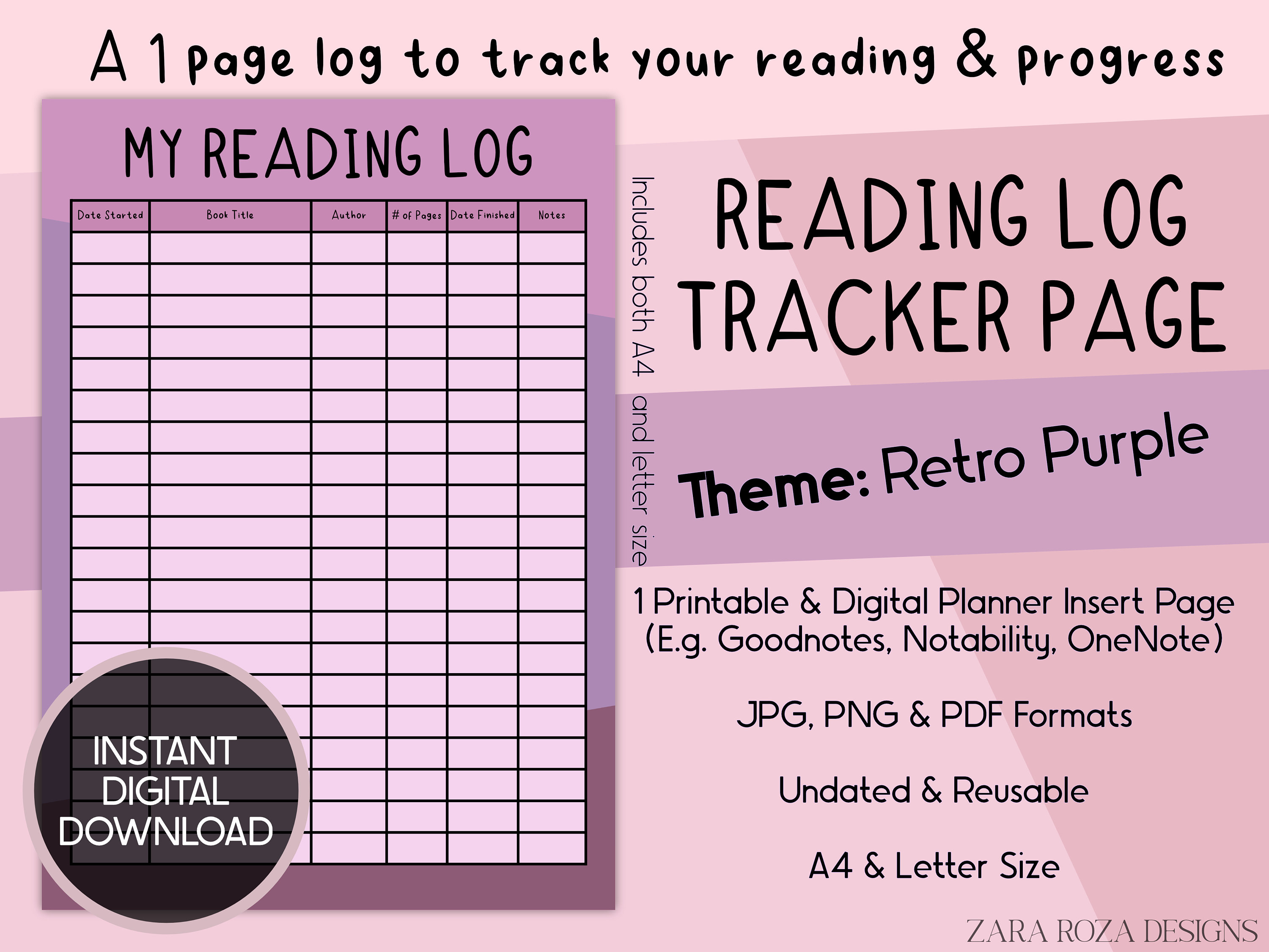 Printable Reading Log - Retro Purple Aesthetic Pastel Pink Green Book ...