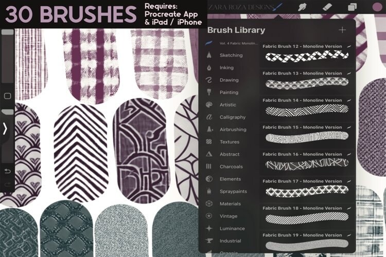 Procreate Fabric Monoline Texture Brush Pack Vol. 4, 30 Brushes Cute ...