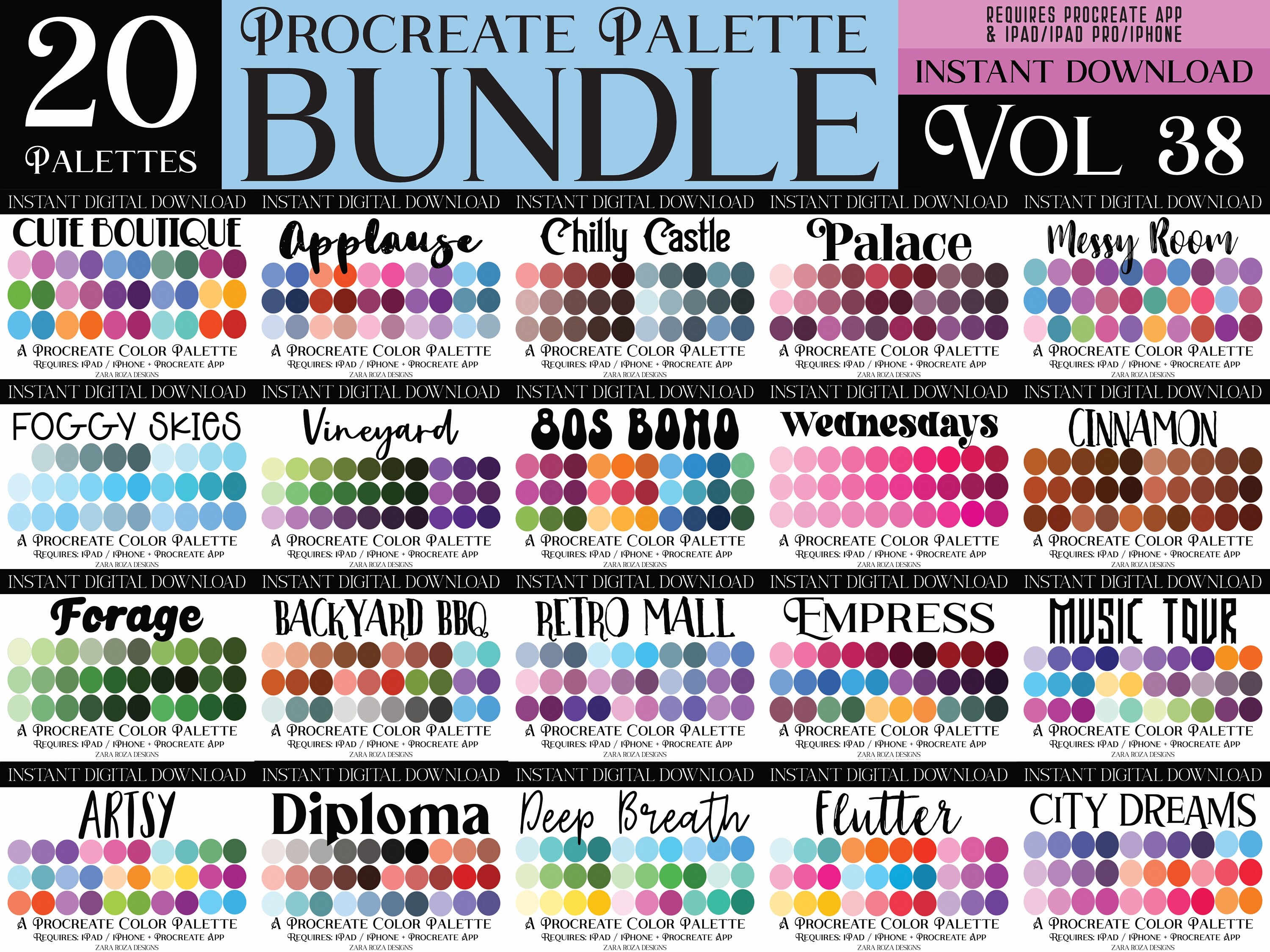 20 Procreate Color Palette Bundle Pack VOL. 38 Set Goth Retro Vintage ...