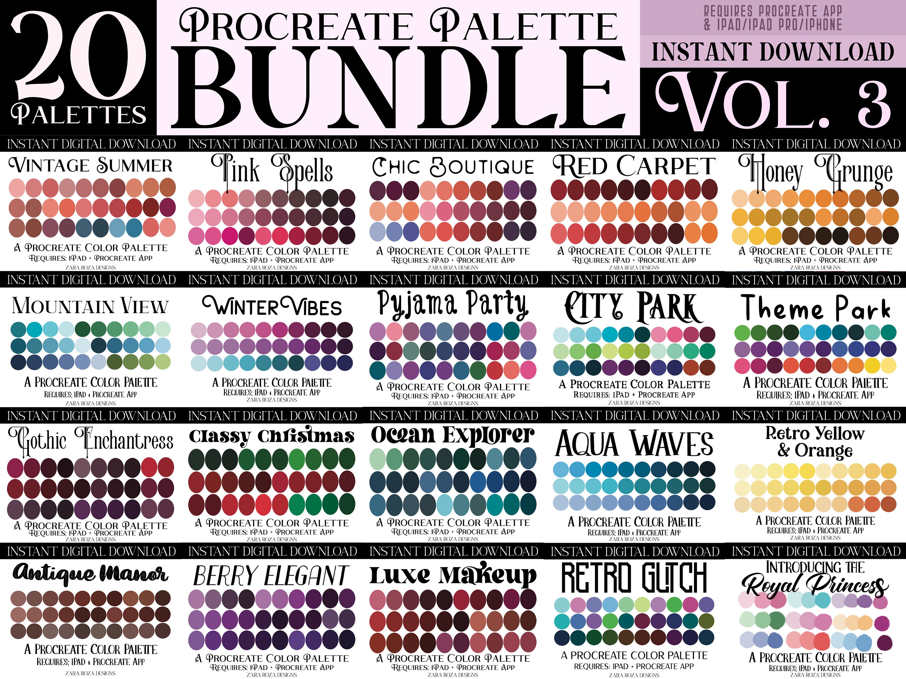 20 Procreate Color Palette Bundle Pack VOL. 3 Set, Goth Retro Vintage ...