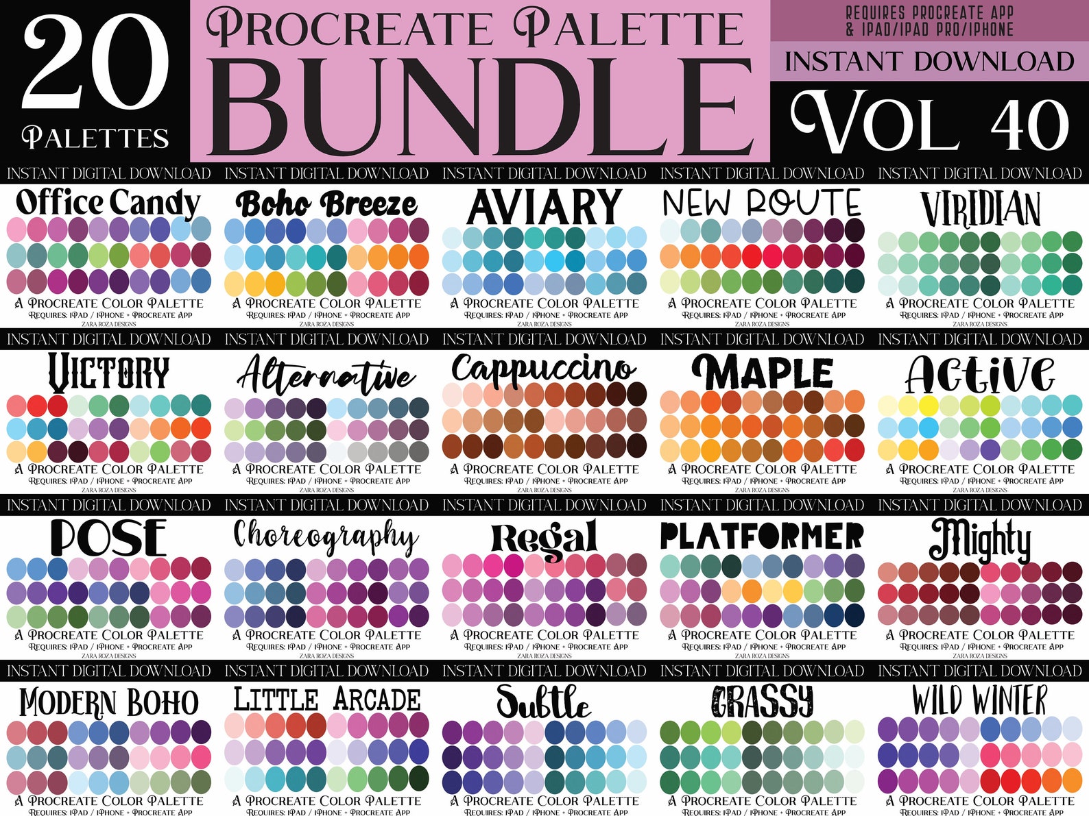 20 Procreate Color Palette Bundle Pack - VOL. 40 Set - Goth Retro Vintage Boho Yellow Orange Red ...