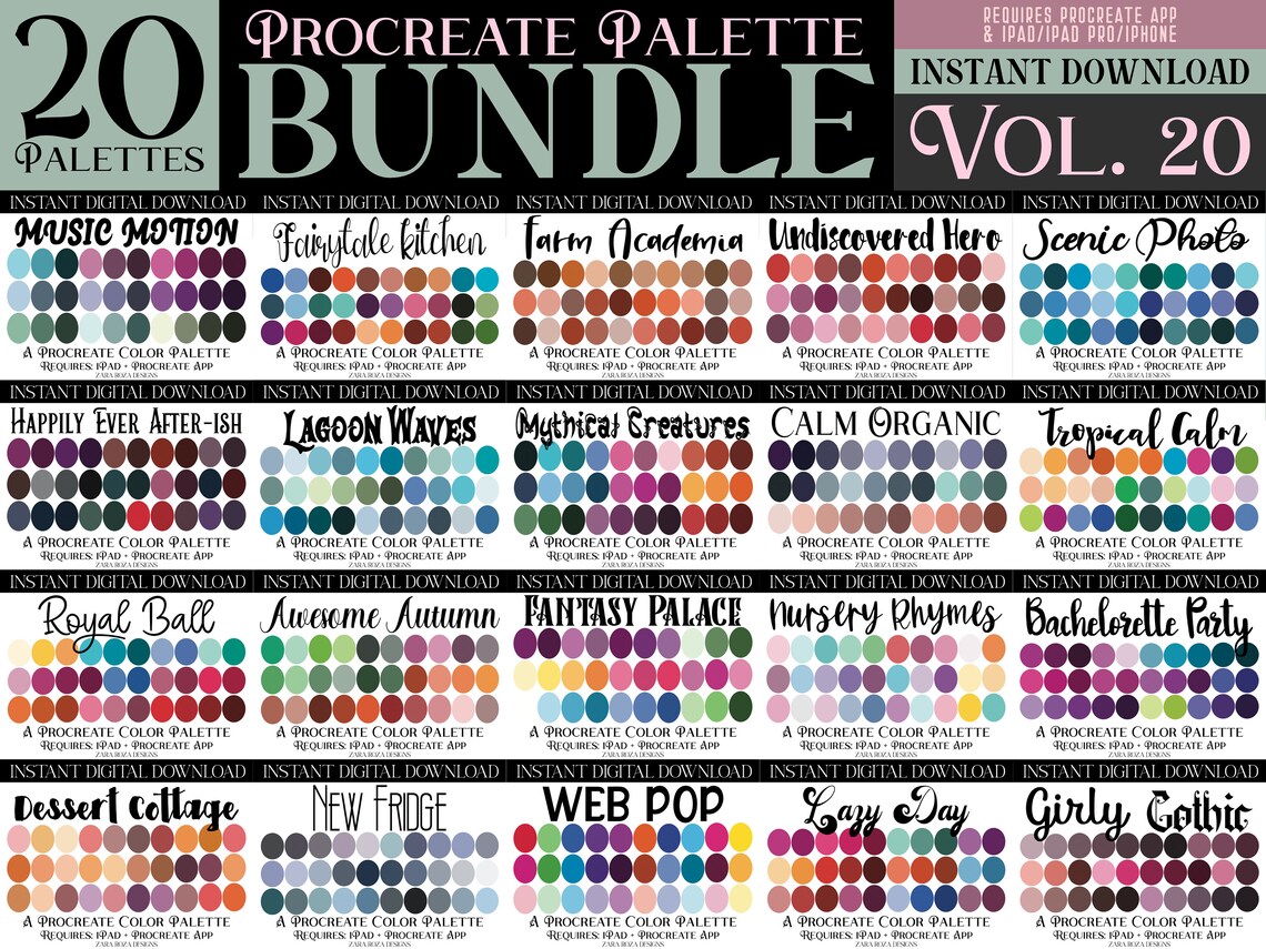 20 Procreate Color Palette Bundle Pack - VOL. 20 Set - Goth Retro ...
