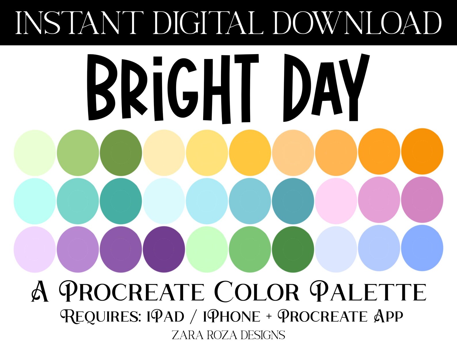 Bright Day Procreate Color Palette - Yellow Orange Purple Blue Green ...