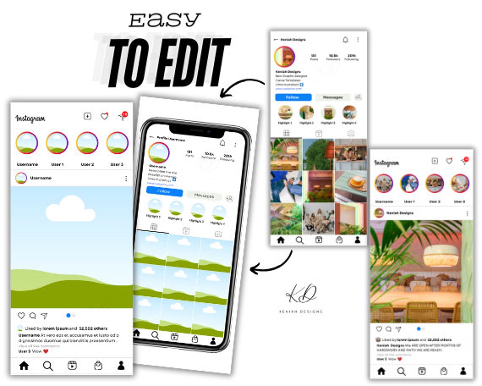 Editable Instagram Profile Mock-up Templates for Etsy: Feed, Reels ...