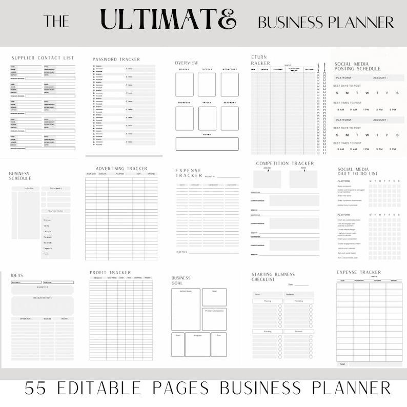 55 Page Printable Business Planner Bundle, Customizable Small Business ...
