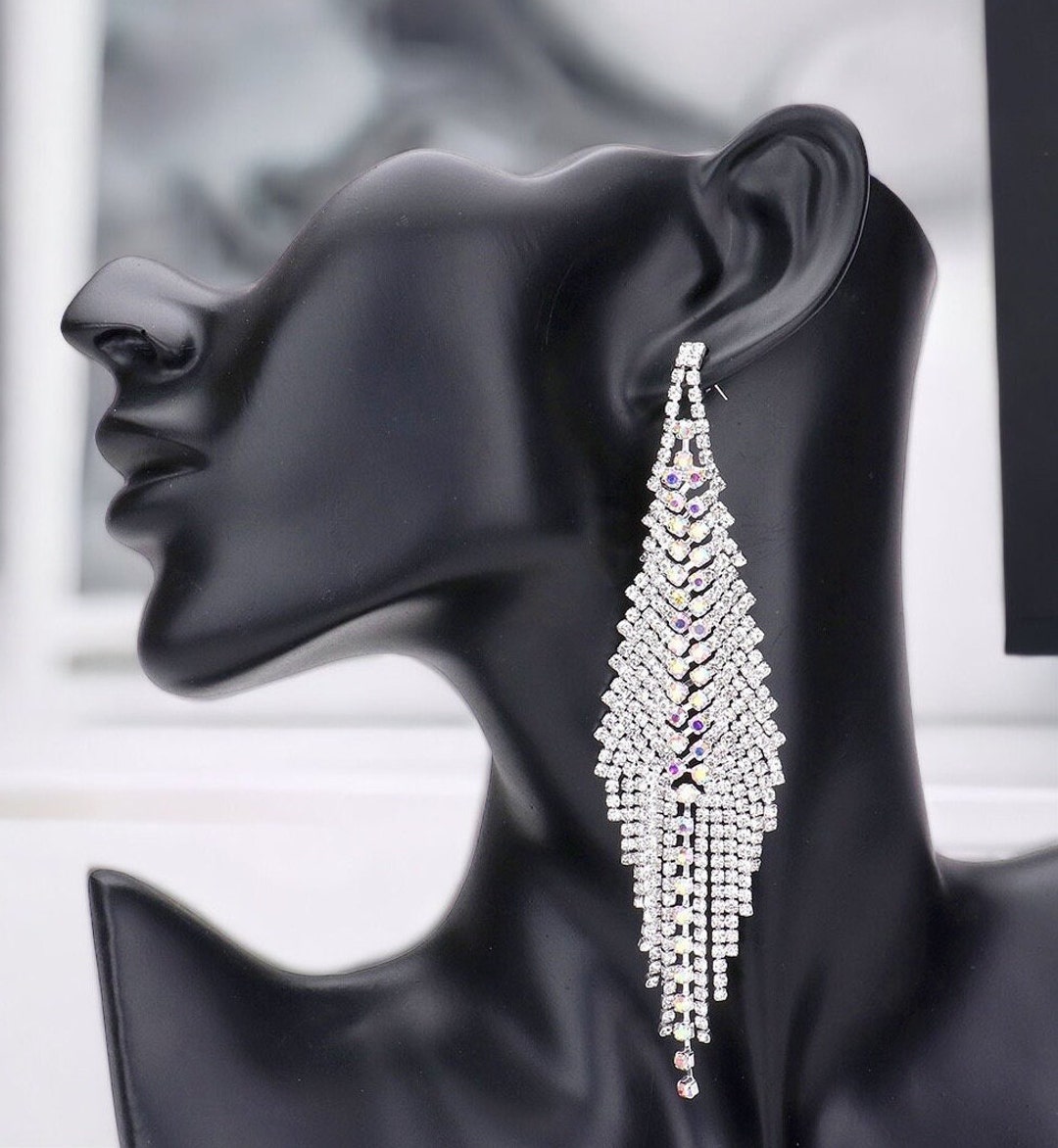 Long Clear Crystal Earrings AB Rhinestone Earrings, Pageant Jewelry ...