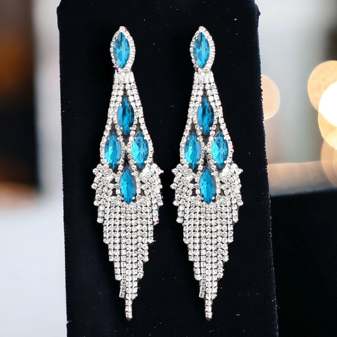 Big Teal Rhinestone Earrings, Long Teal Competition Jewelry, Formal ...