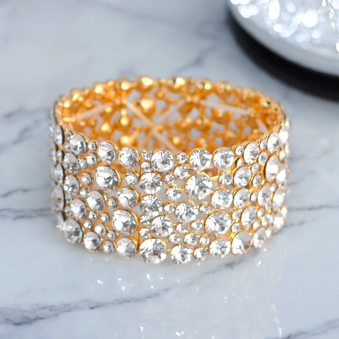 Gold Clear Rhinestone Stretch Cuff Bracelet 1.25' Wide, Wedding Bridal ...