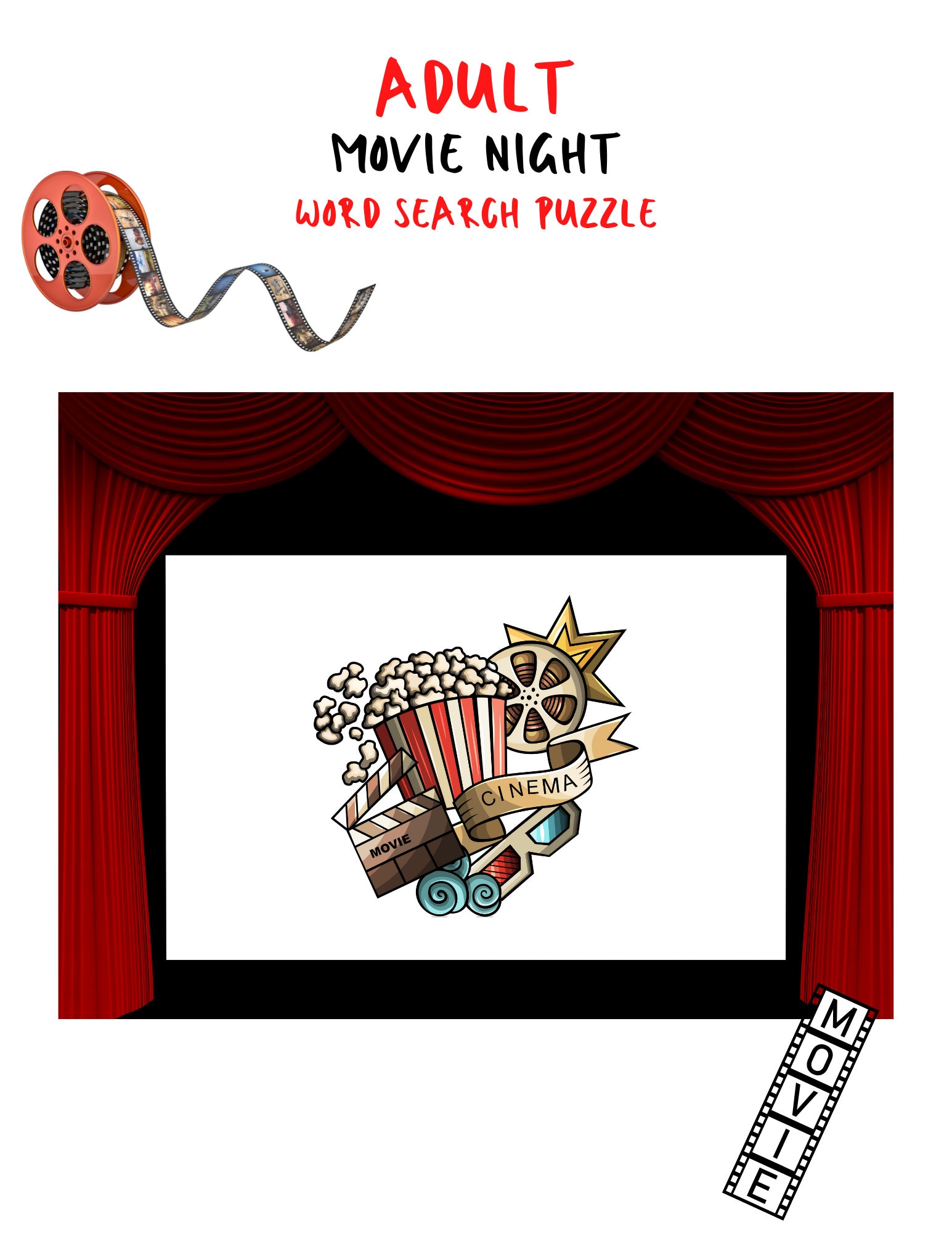Adult Movie Night Word Search Puzzle - Movie Night Word Search - Adult ...