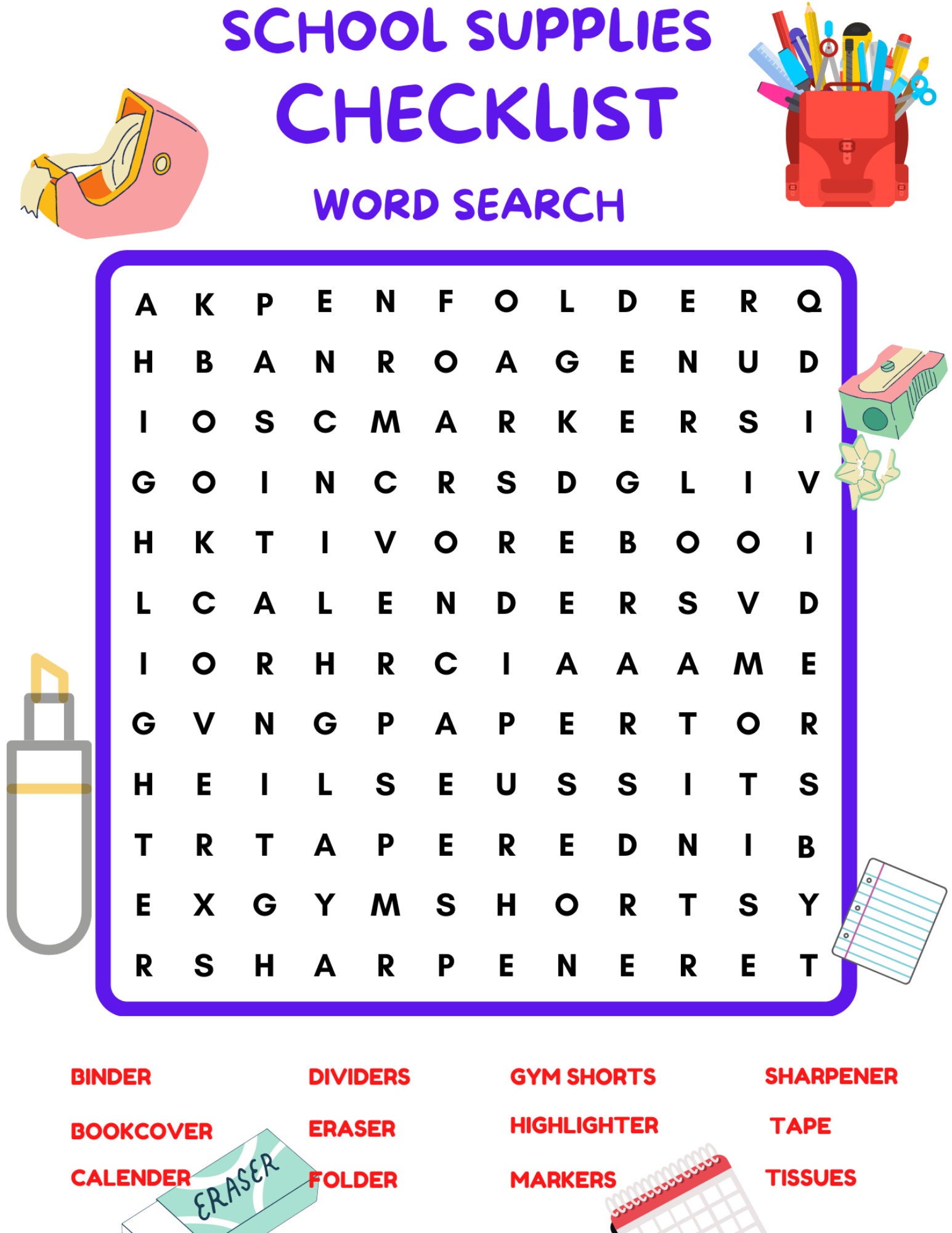 School Supplies Word Search at Anna Kowalski blog