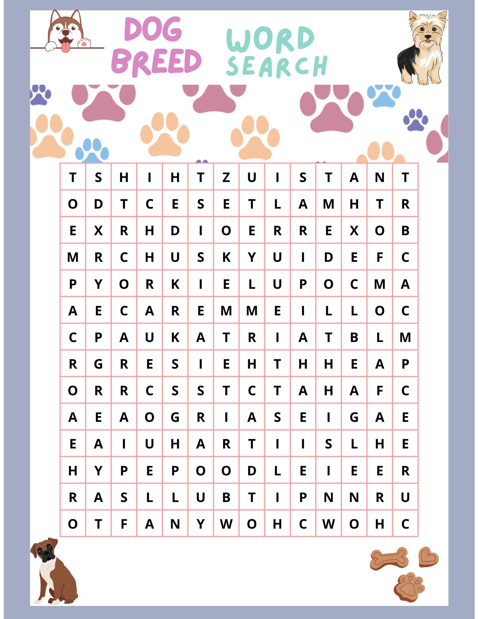 Dog Breed Word Search - Dog Breed Printable Download Word Search - Dog ...