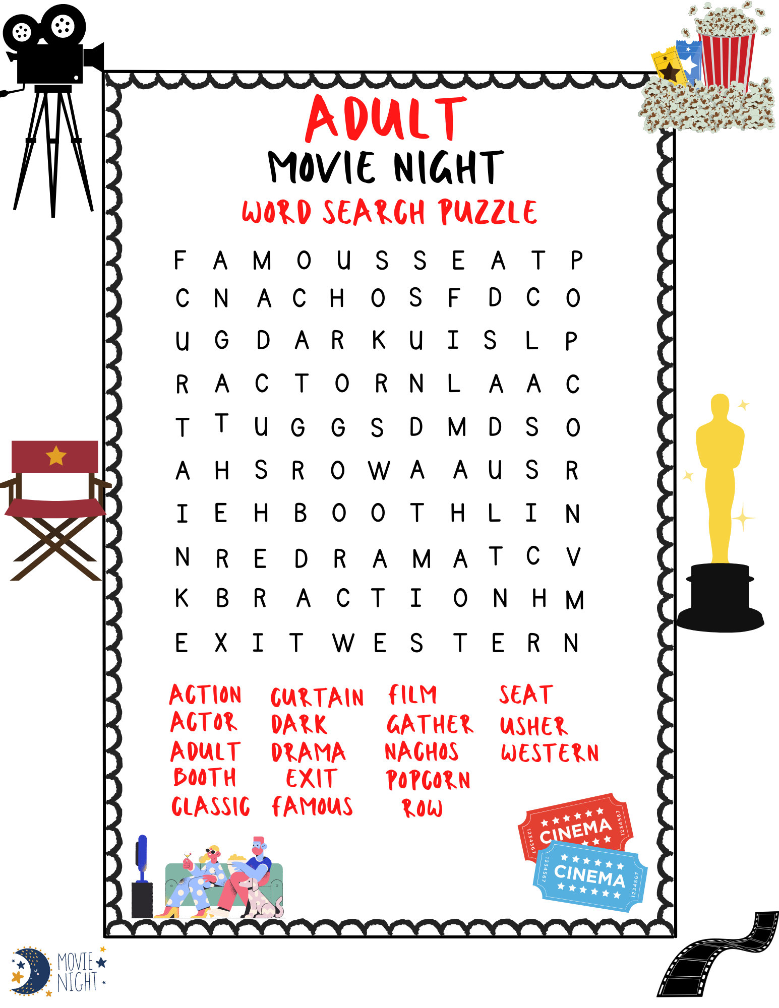 Adult Movie Night Word Search Puzzle - Movie Night Word Search - Adult ...