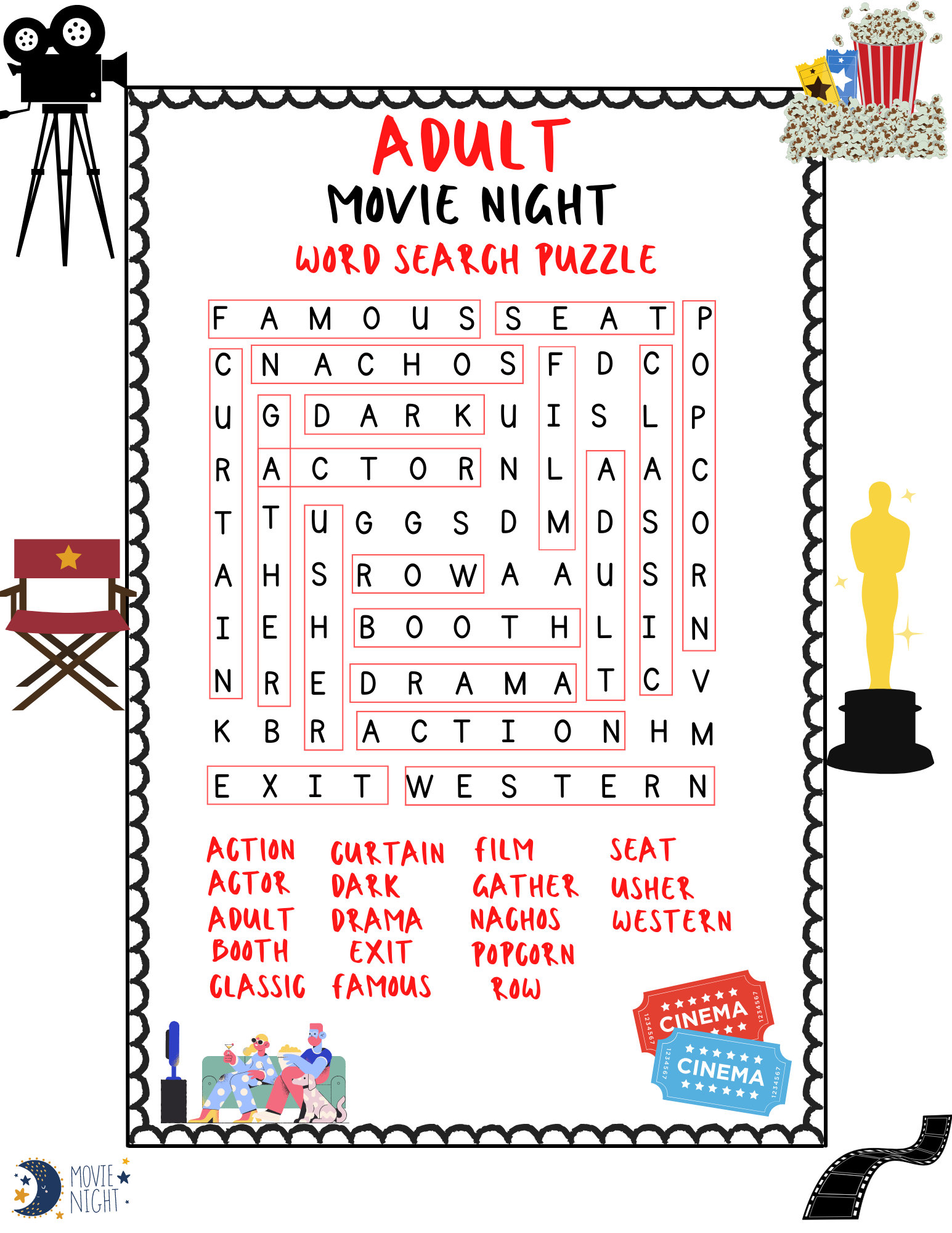 Adult Movie Night Word Search Puzzle - Movie Night Word Search - Adult ...