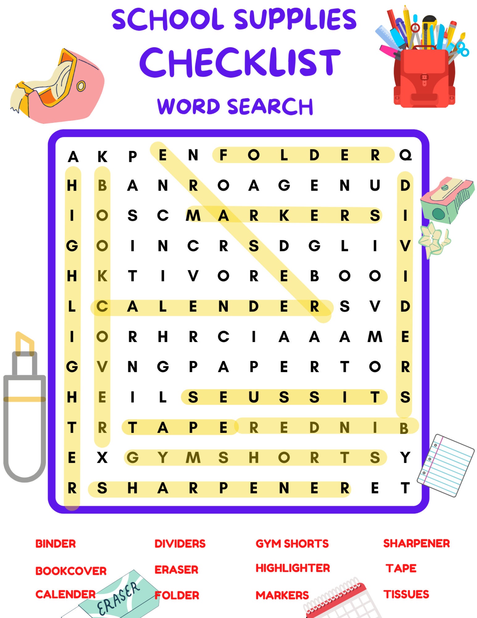 School Supplies Checklist Word Search - Printable School Supplies ...