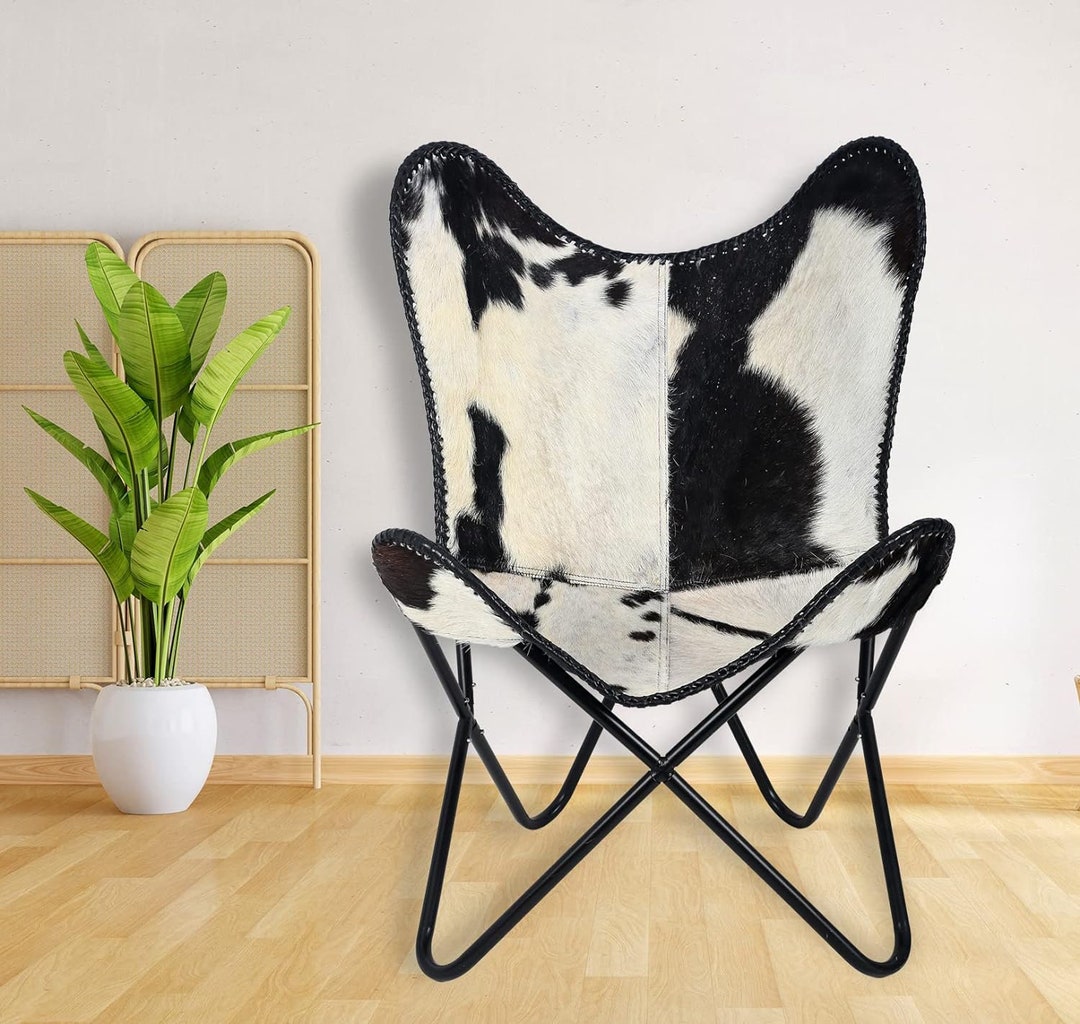 Hairon Leather Butterfly Chair: Black & White Hide, Powder Coated Frame ...