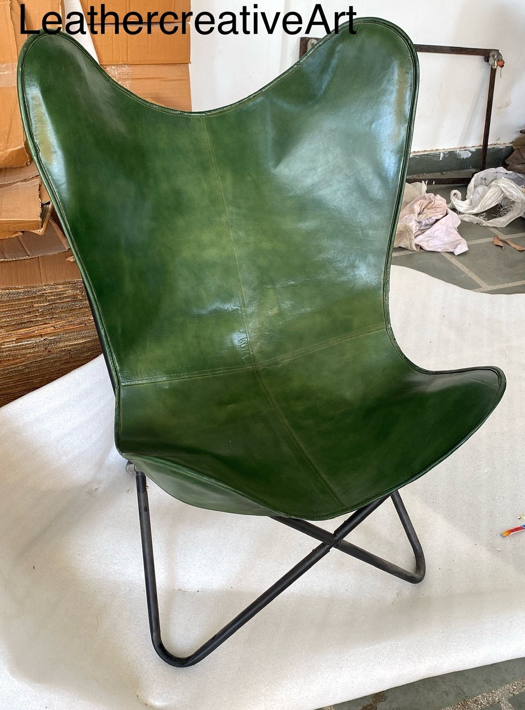 Green Leather Butterfly Chair: Handmade Living Room Decor - Etsy