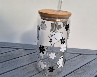 Ghost Can Glass With Bamboo Lid and Straws Halloween Can - Etsy