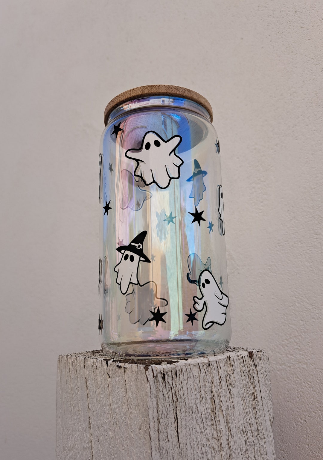 Ghost Can Glass With Bamboo Lid and Straws Halloween Can Glass 16oz Can ...