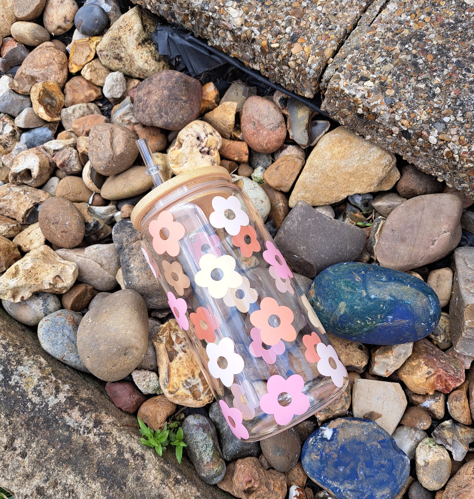 Daisy Pinky Flower Can Glass With Straw/16oz Glass Can - Etsy