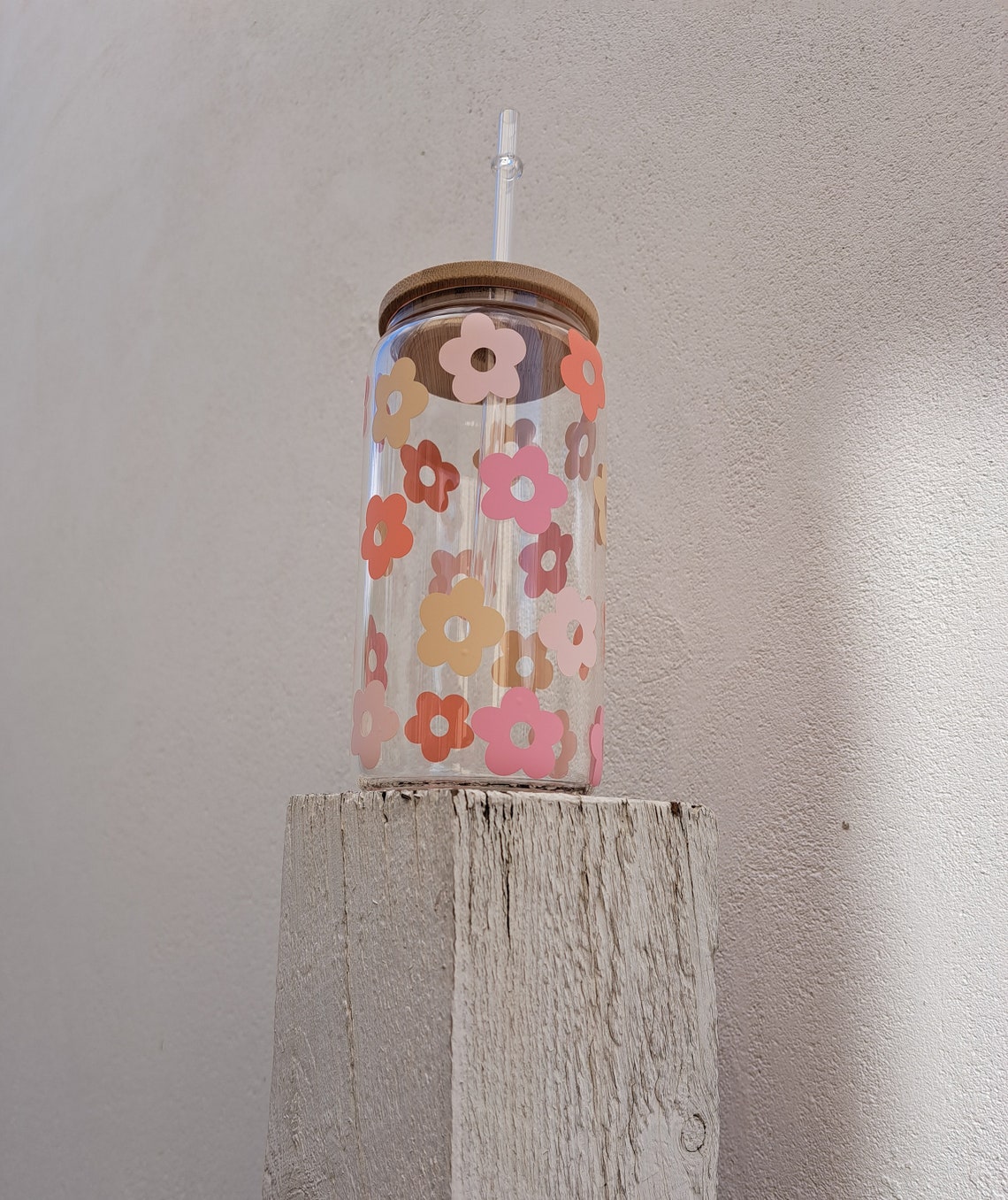 Daisy Pinky Flower Can Glass With Straw/16oz Glass Can - Etsy