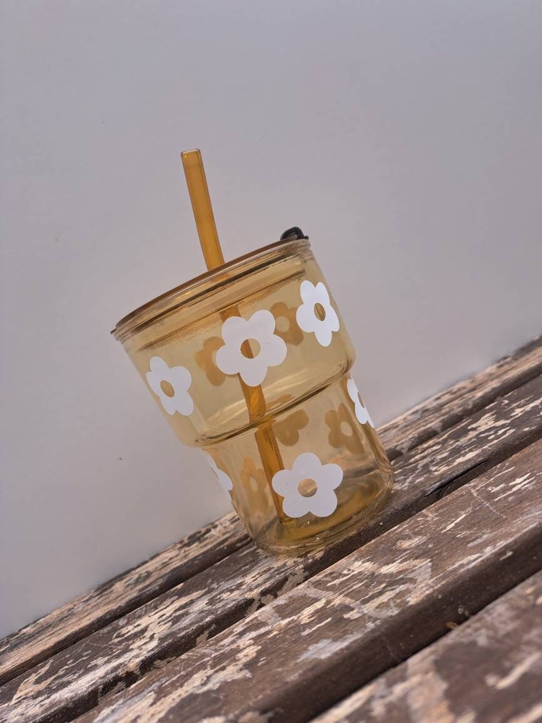 Retro Daisy Glass Cup With Glass Straw/400ml-brown-glass Coffee Cup ...