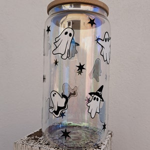 Ghost Can Glass With Bamboo Lid and Straws Halloween Can Glass 16oz Can ...
