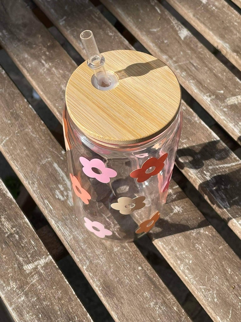 Daisy Pinky Flower Can Glass With Straw/16oz Glass Can - Etsy