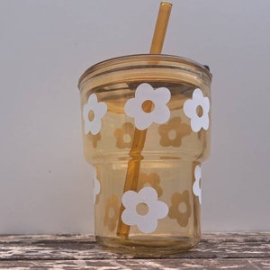 Retro Daisy Glass Cup With Glass Straw/400ml-brown-glass Coffee Cup ...