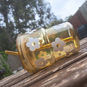 Retro Daisy Glass Cup With Glass Straw/400ml-brown-glass Coffee Cup ...