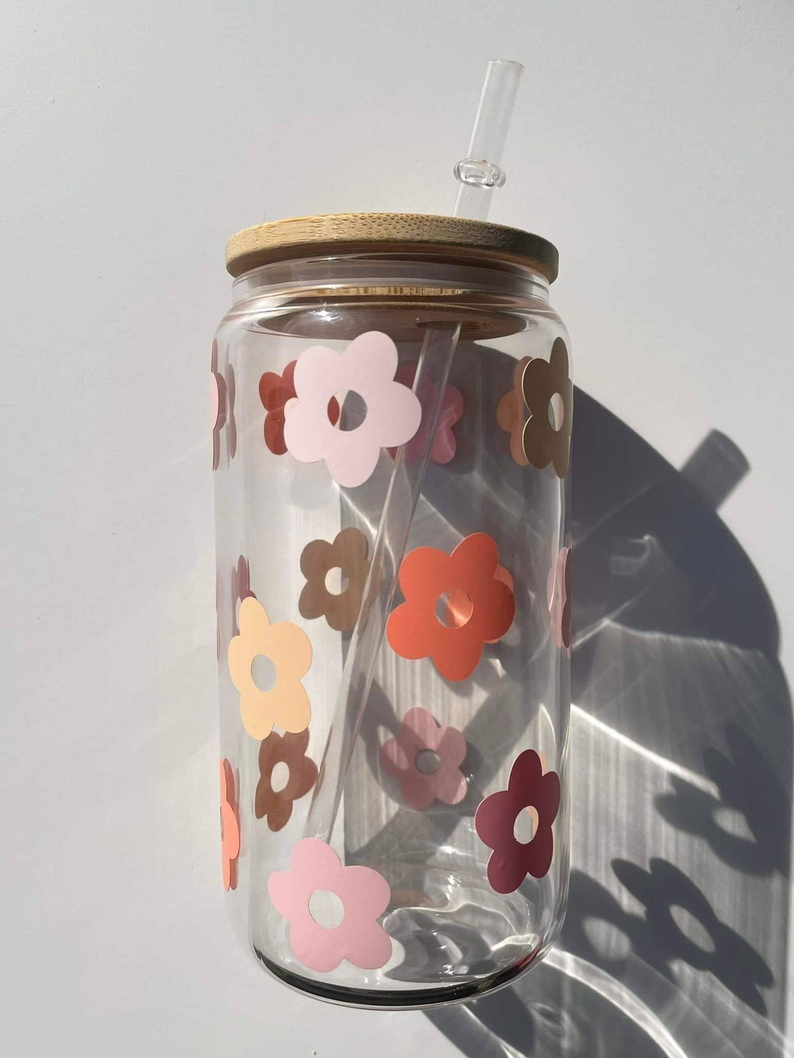Daisy Pinky Flower Can Glass With Straw/16oz Glass Can - Etsy