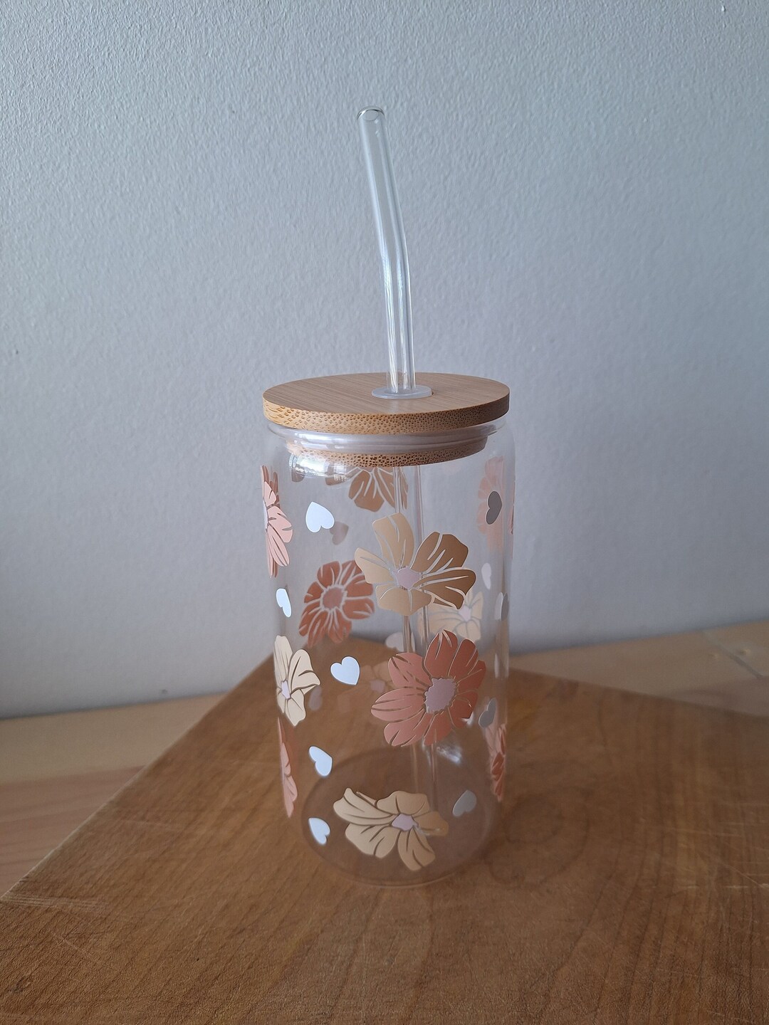 Pety Pinky Flower Can Glass With Straw/16oz - Glass Can Coffee - Coffee ...