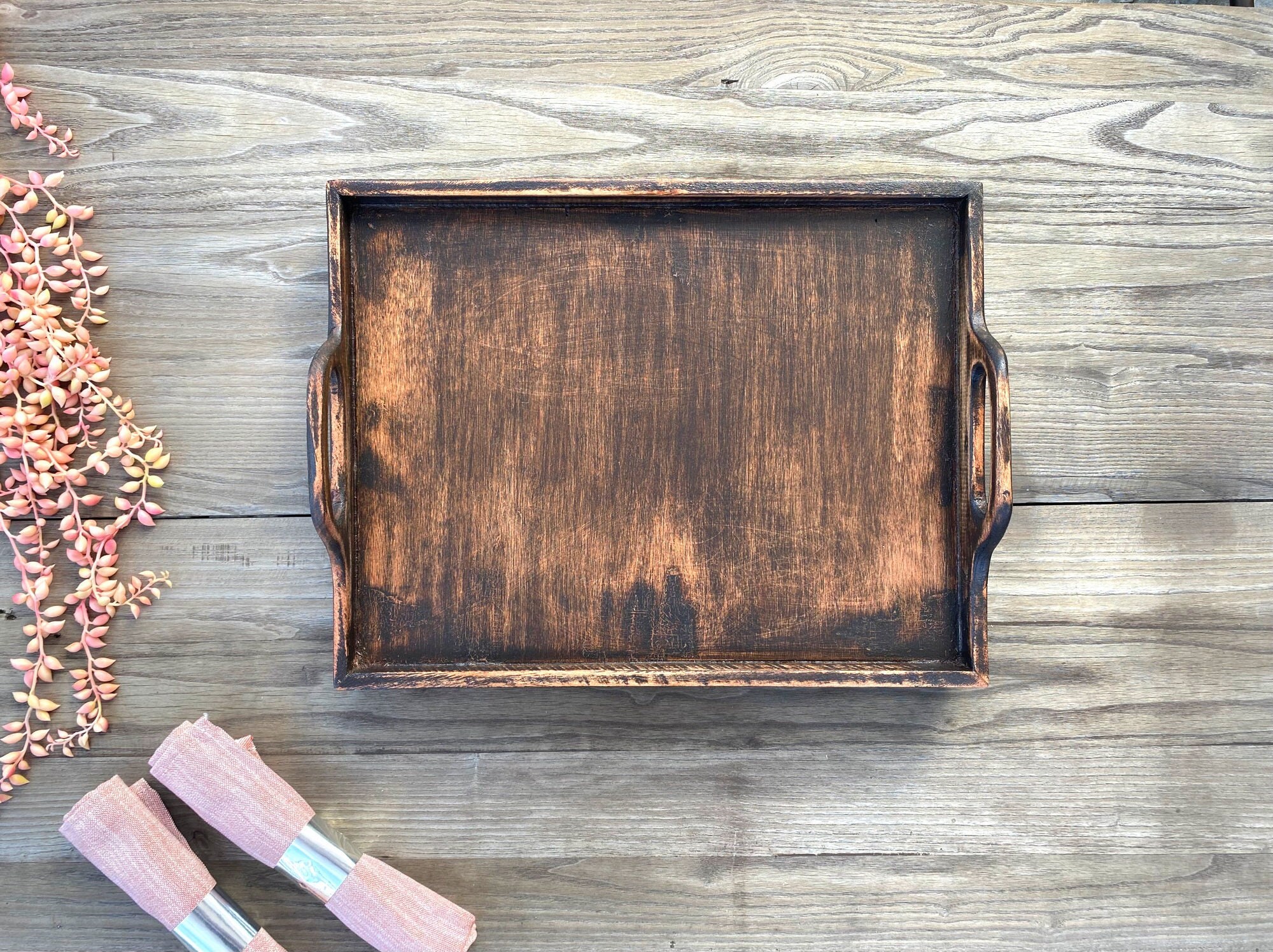 Large Rustic Wooden Tray, Serving Tray, Wooden Ottoman Tray, Coffee ...