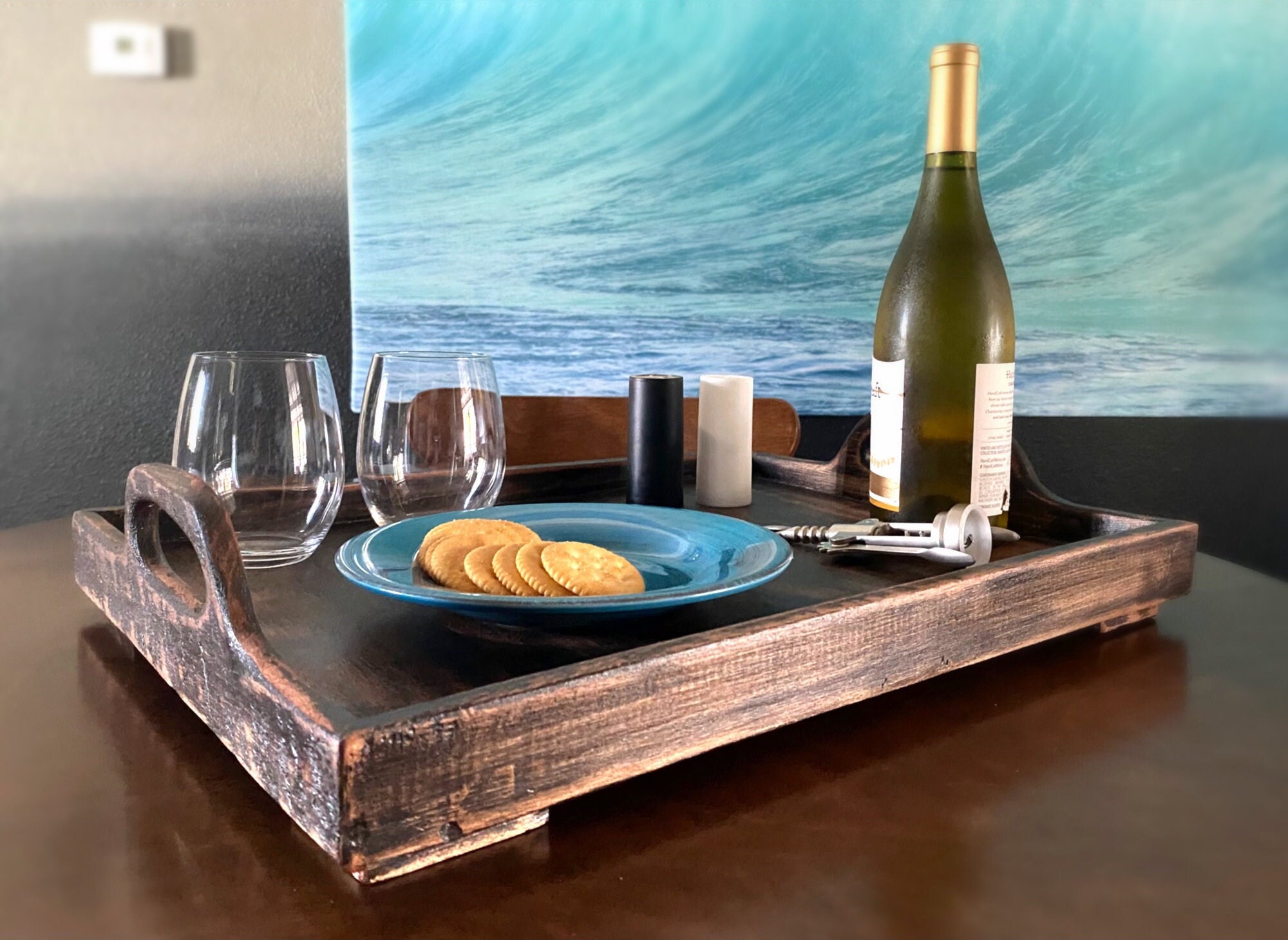 Large Rustic Wooden Tray, Serving Tray, Wooden Ottoman Tray, Coffee ...