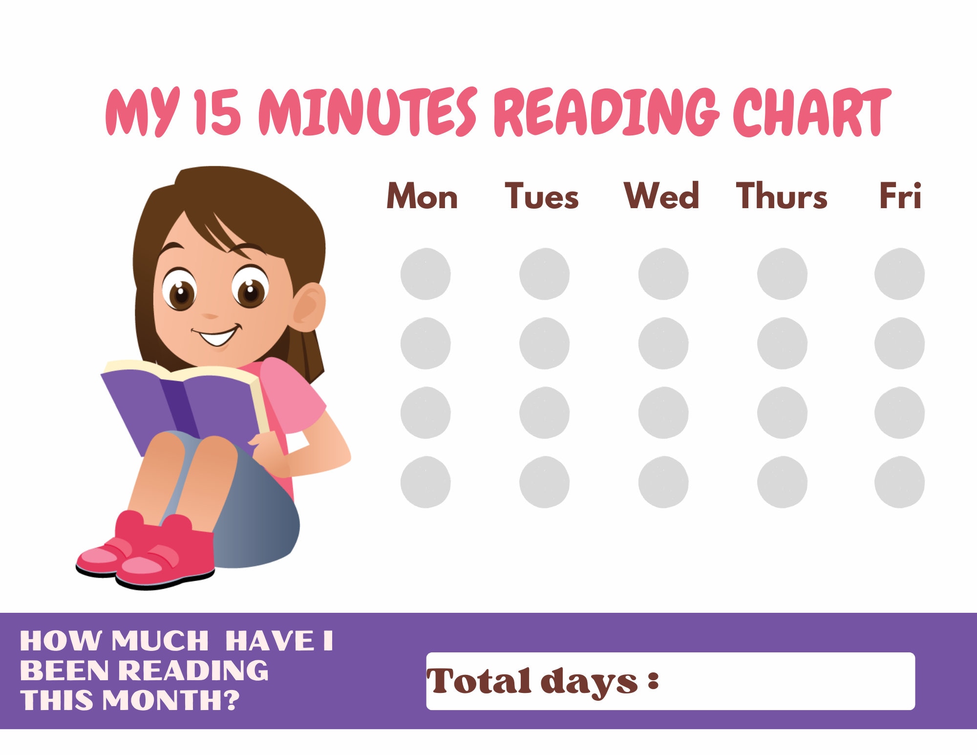 15 Minutes Reading Chart for Girls, Printable Reading Chart/log,focus ...
