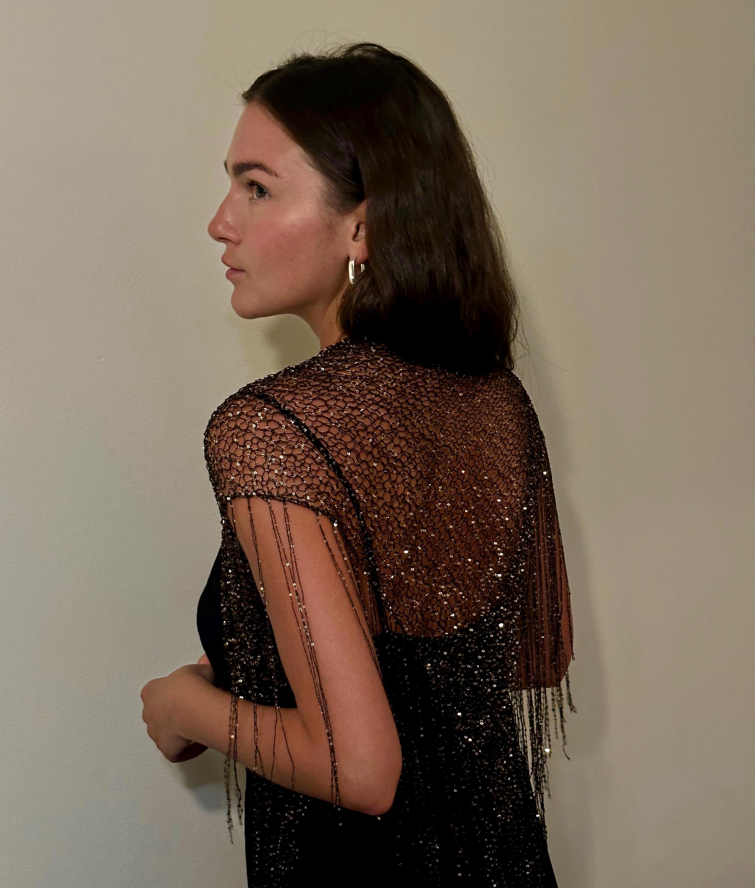 Hand-knitted Triangle Kerchief With Golden Sequins, Shawl With Tassels ...